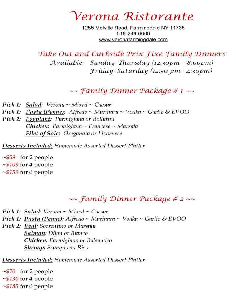 Take-Out & Pre-Fixe Family Catering – Verona Risorante Farmingdale