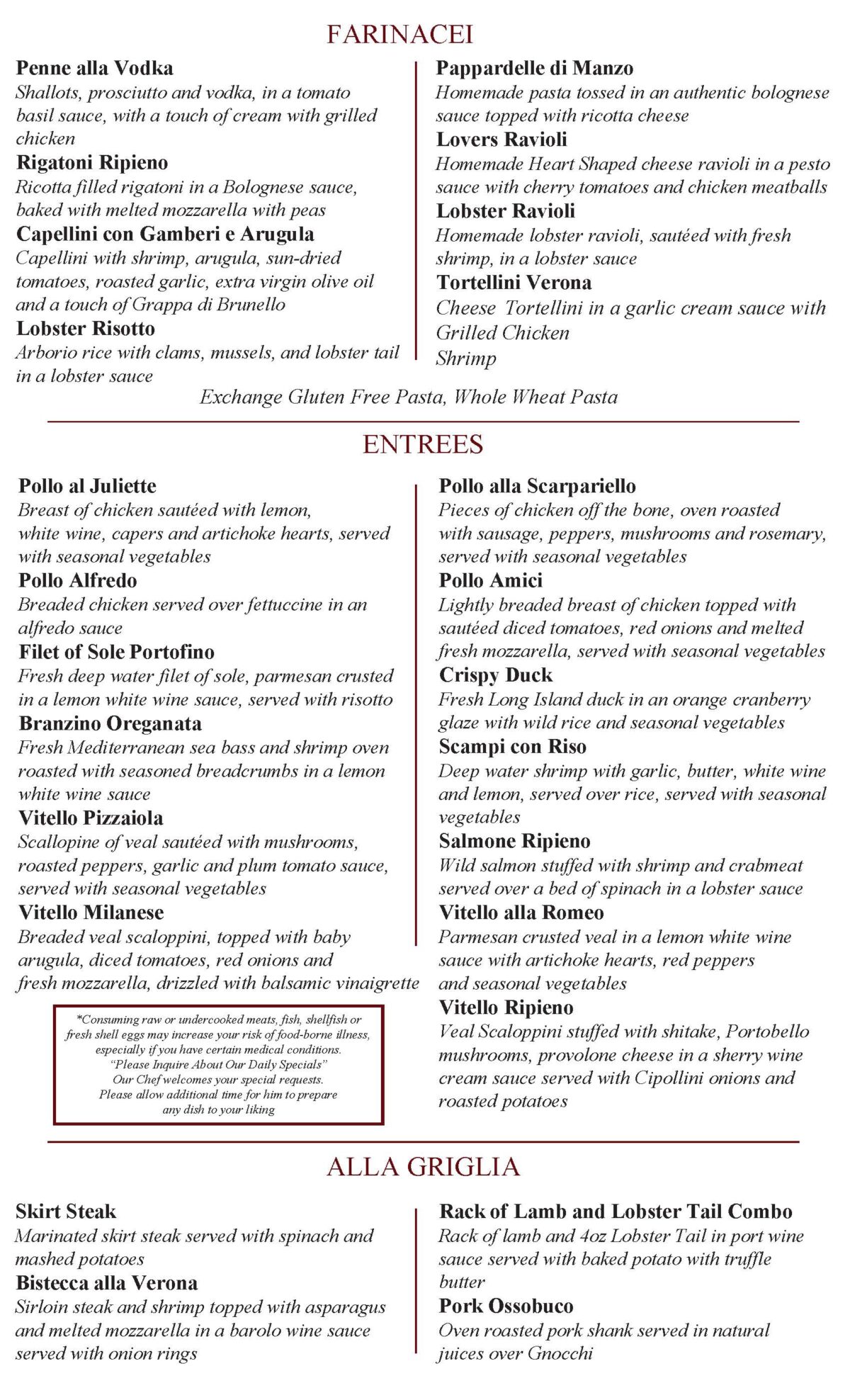 Valentine's Day Full Ala Carte Menu - Verona Ristorante Farmingdale