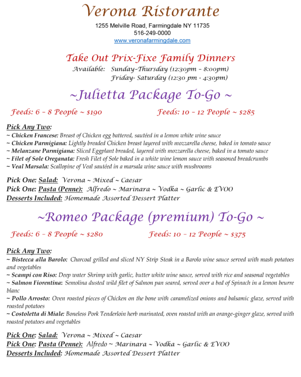 Take-Out & Prix-Fixe Family Catering – Verona Risorante Farmingdale